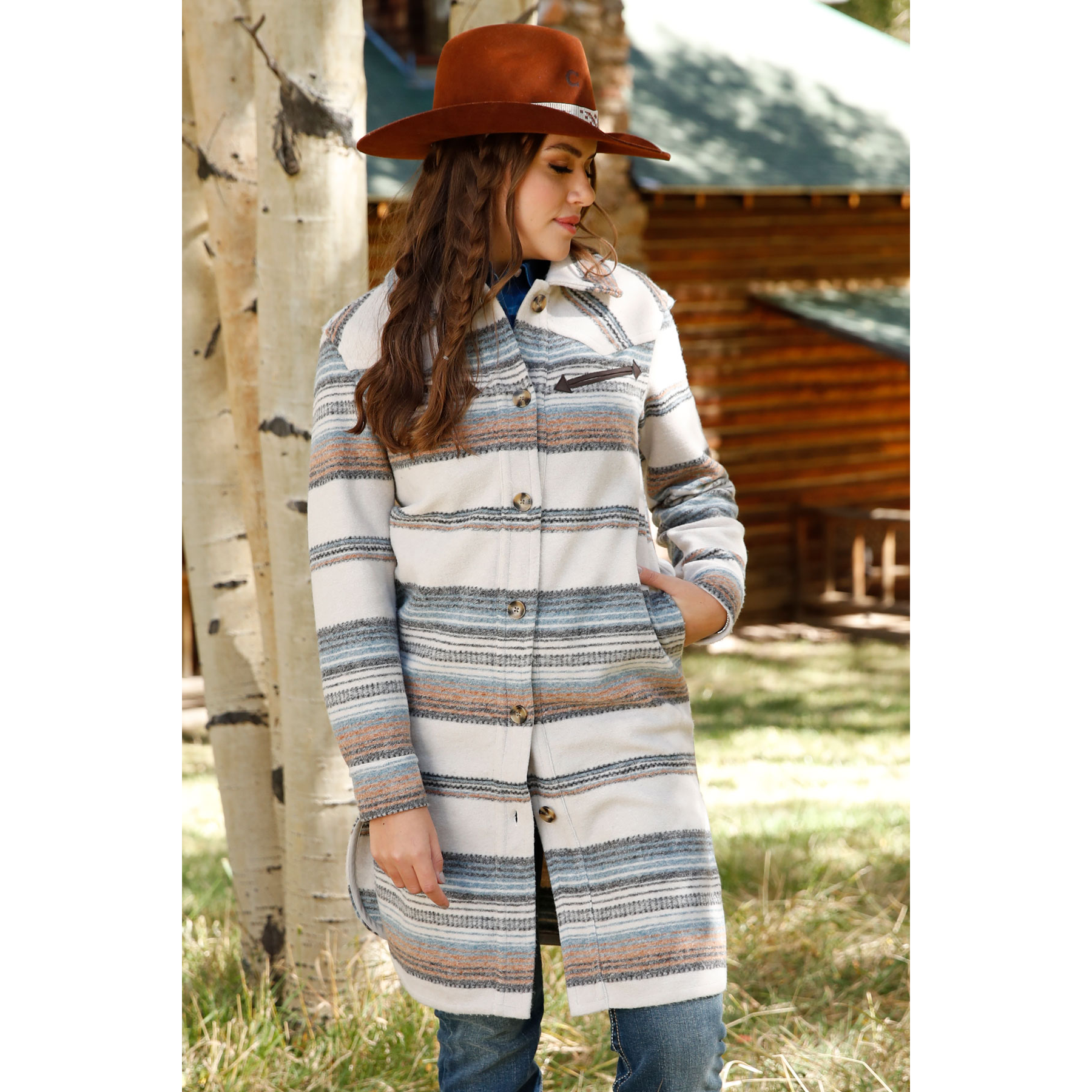 Cinch Ladies White Striped Button Down Shacket CWJ7454001 | eBay